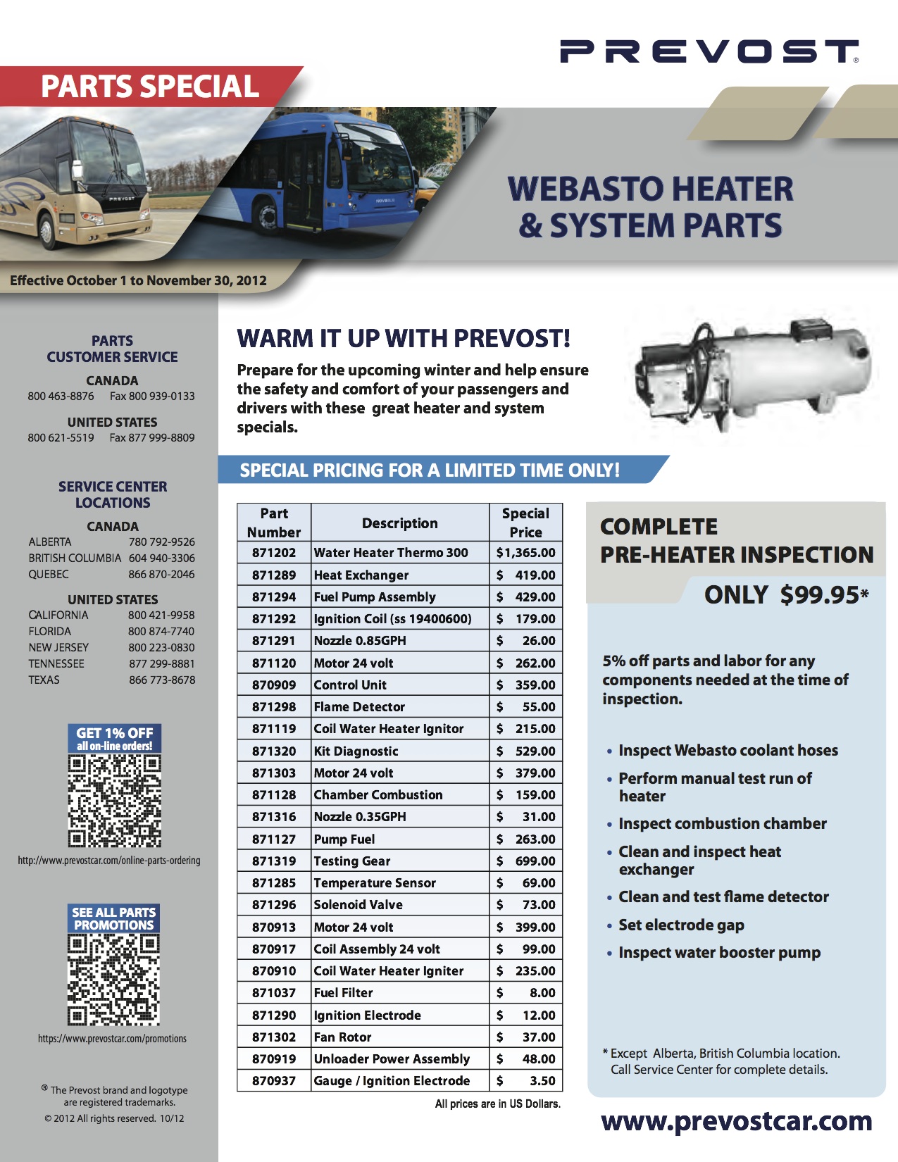 Current Prevost Parts Specials